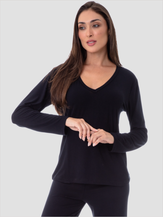 Conjunto Casual Lua Chic Preto Decote V