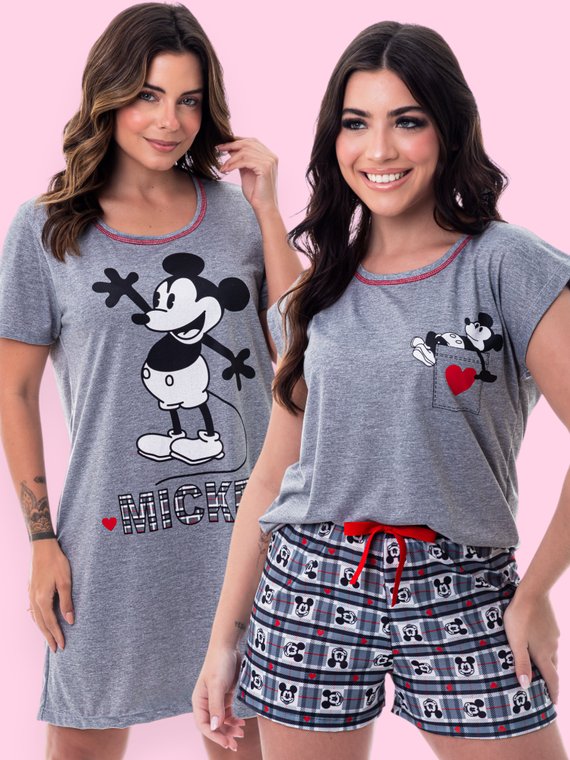 Kit Pijama + Camisola Lua Chic Feminino Mickey Xadrez