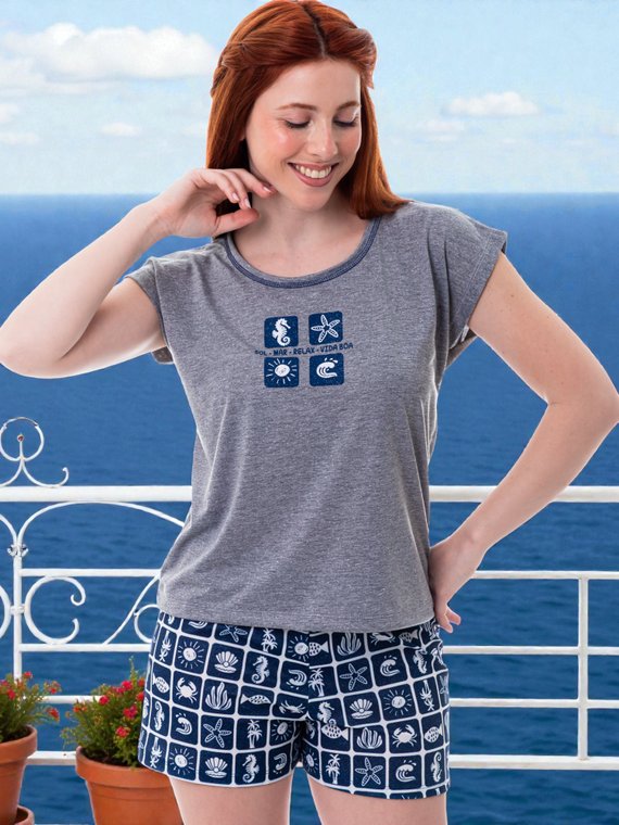 Pijama Lua Chic Feminino Mescla Cavalo Marinho